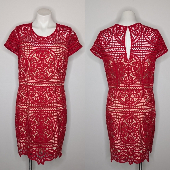 Boston Proper | Dresses | Boston Proper Cream Red Lace Short Sleeve ...